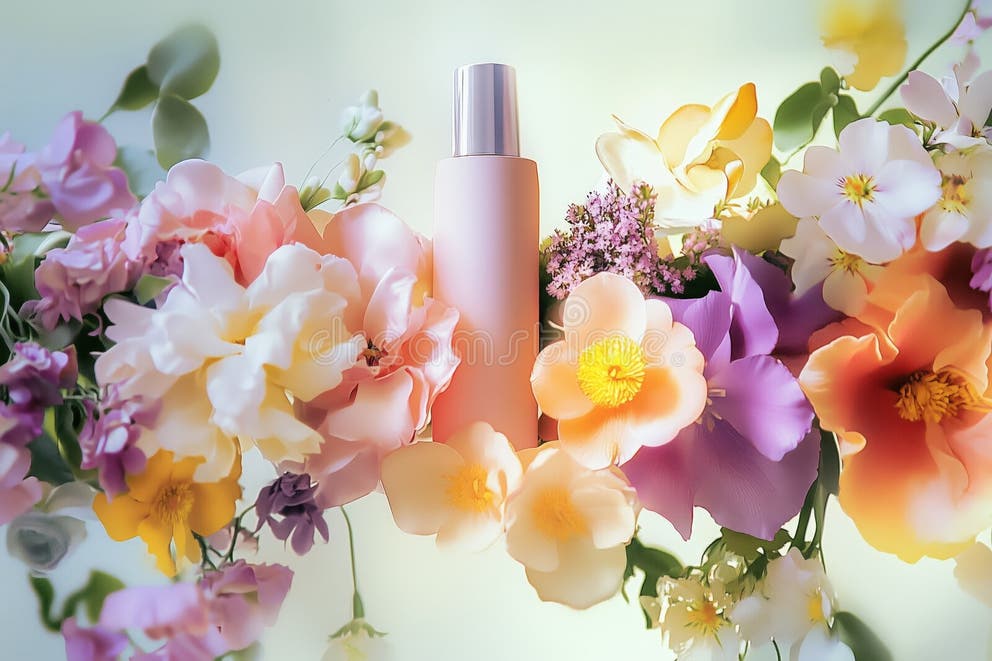 Delicate Empty Makeup Setting Spray Bottle, Surrounded by Fresh Spring ...