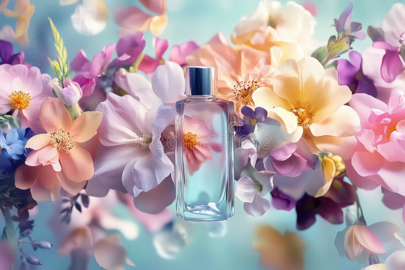 Delicate Empty Makeup Setting Spray Bottle, Surrounded by Fresh Spring ...