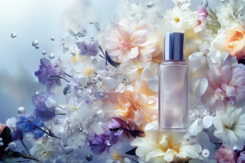 Delicate Empty Makeup Setting Spray Bottle, Surrounded by Fresh Spring ...