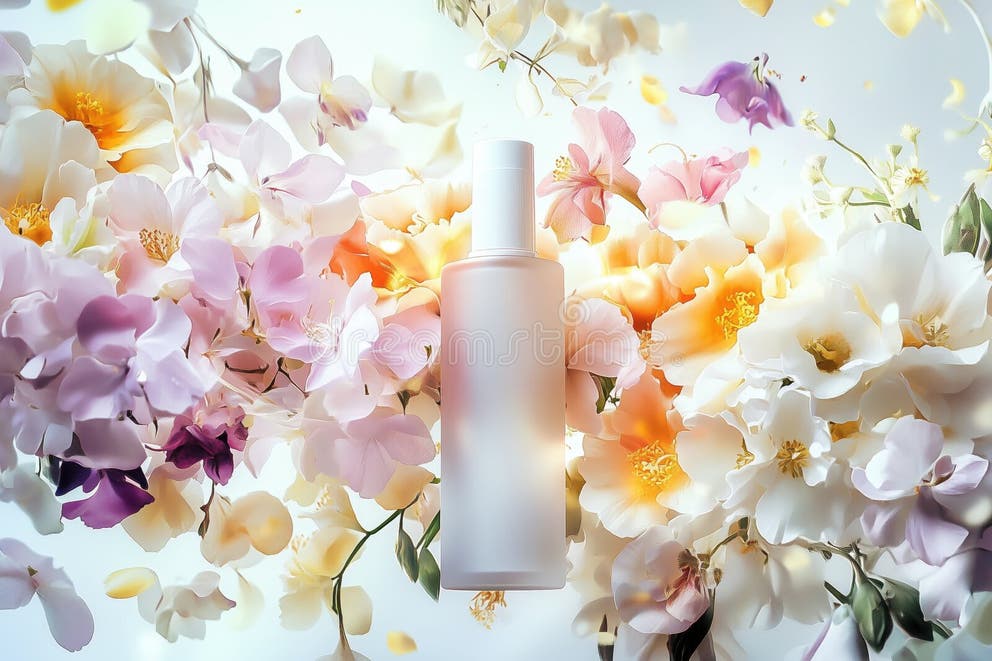 Delicate Empty Makeup Setting Spray Bottle, Surrounded by Fresh Spring ...