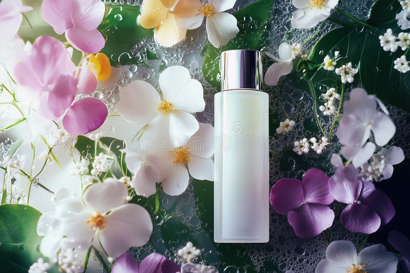 Delicate Empty Makeup Setting Spray Bottle, Surrounded by Fresh Spring ...