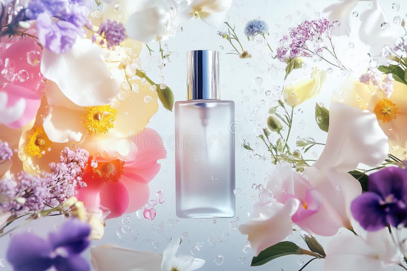 Delicate Empty Makeup Setting Spray Bottle, Surrounded by Fresh Spring ...