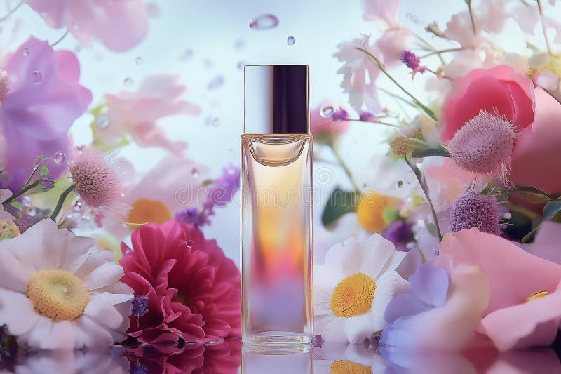 Delicate Empty Makeup Setting Spray Bottle, Surrounded by Fresh Spring ...