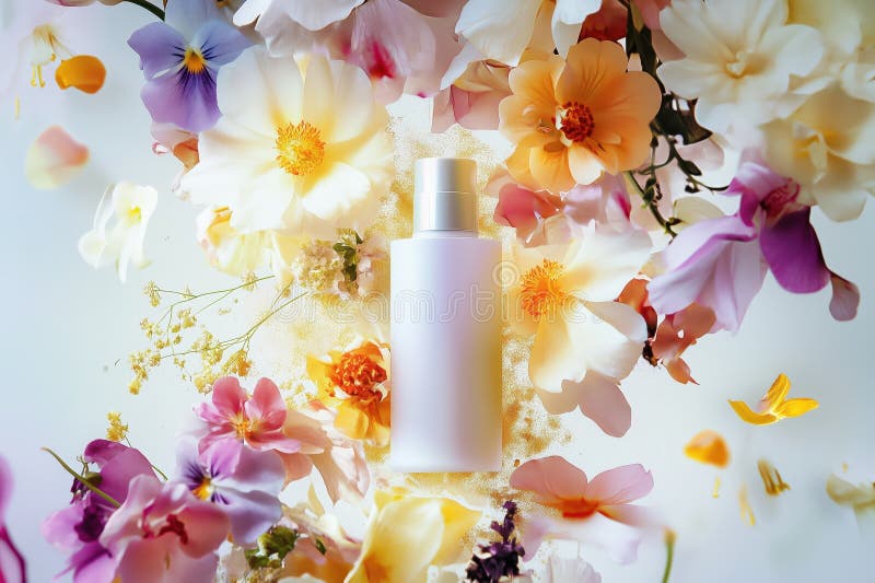 Delicate Empty Makeup Setting Spray Bottle, Surrounded by Fresh Spring ...