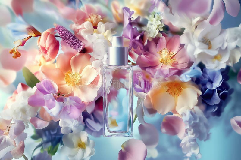 Delicate Empty Makeup Setting Spray Bottle, Surrounded by Fresh Spring ...