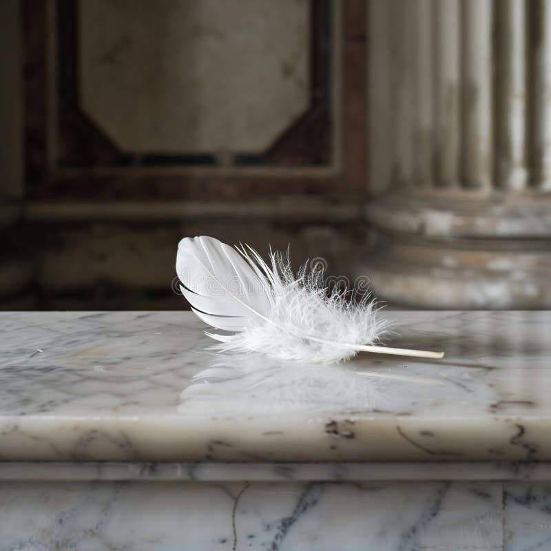 Delicate Feather from an Angel Wing Resting on a Marble Altar, Evoking ...