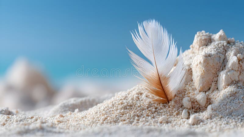 Delicate Feather Resting on Soft Sandy Surface, with Blurred Ocean ...