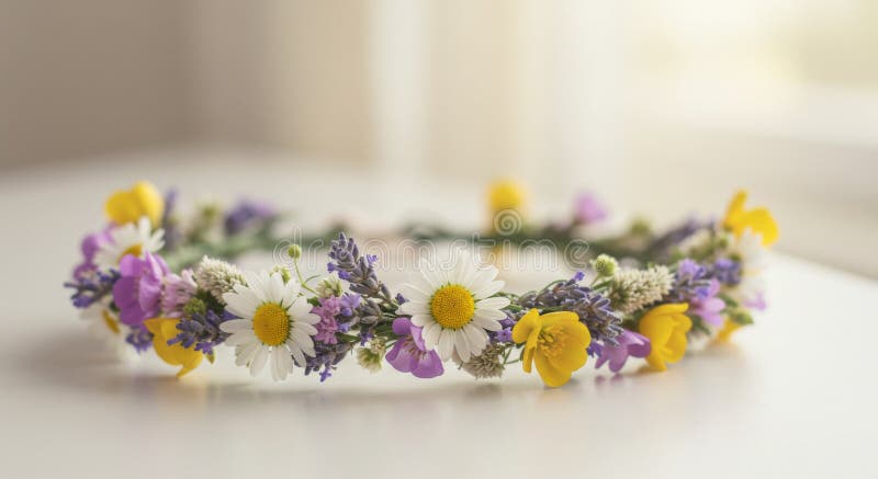 Delicate Floral Crown with Daisies and Lavender on White Background ...
