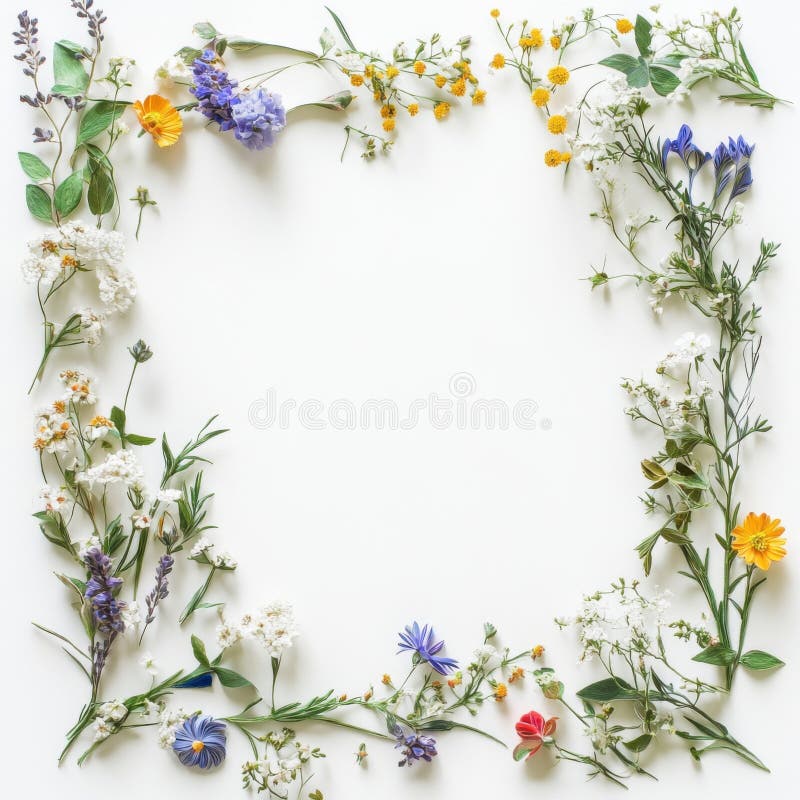 Delicate Floral Frame with Assorted Wildflowers on White Background ...