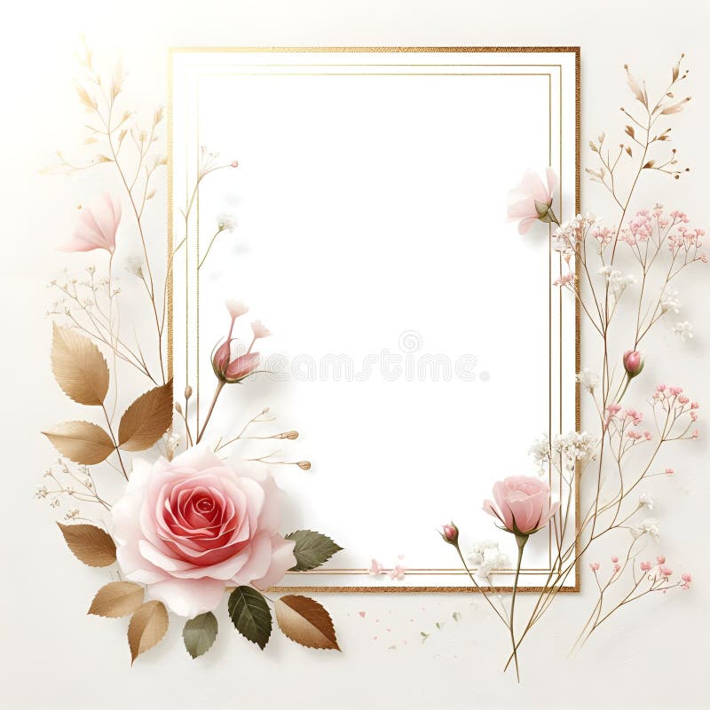 Delicate Floral Frame with Soft Pink Roses and Golden Border Stock ...