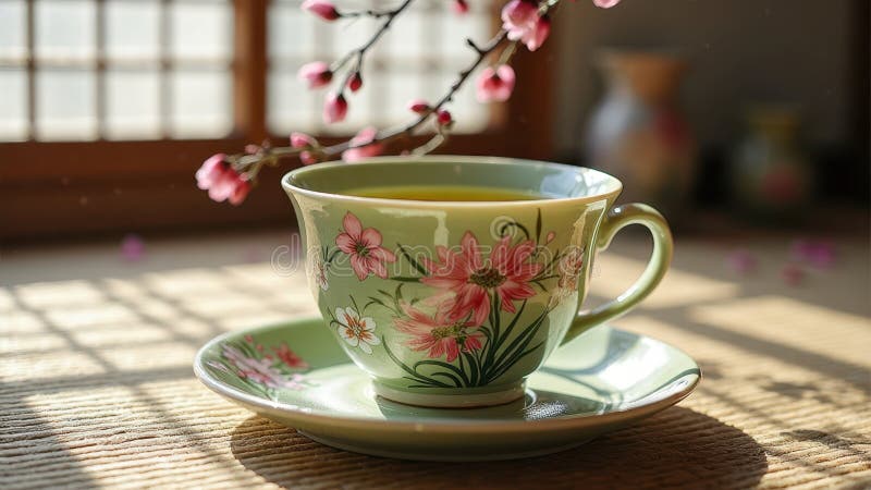 Delicate Floral Tea Cup with Blooming Cherry Blossoms in Serene Light ...