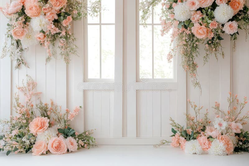 Delicate Flower Maternity Wedding Backdrop with Vintage White Wall and ...