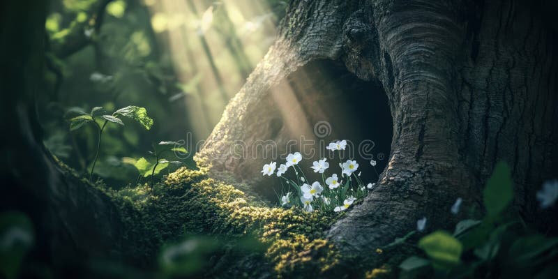 Delicate Flowers Growing Inside the Hollow of a Broken Tree Trunk Stock ...