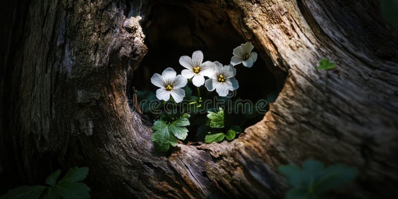 Delicate Flowers Growing Inside the Hollow of a Broken Tree Trunk Stock ...