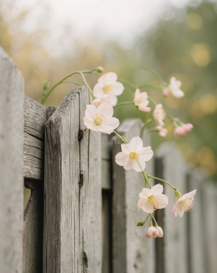 Delicate Flowers on a Rustic Wooden Fence. Stock Photo - Image of ...