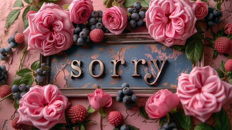 Delicate Flowers and Wooden Frame with the Word Sorry Stock Photo ...