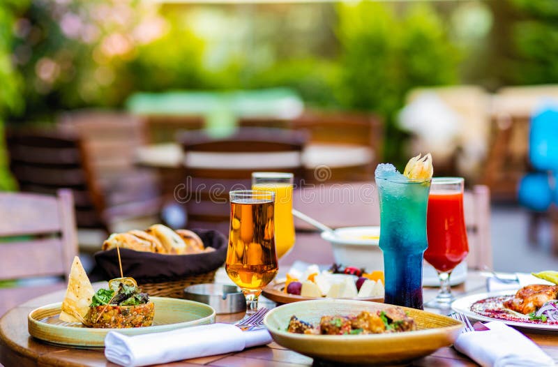 Colorful Food and Drink on the Table Stock Photo - Image of blue ...