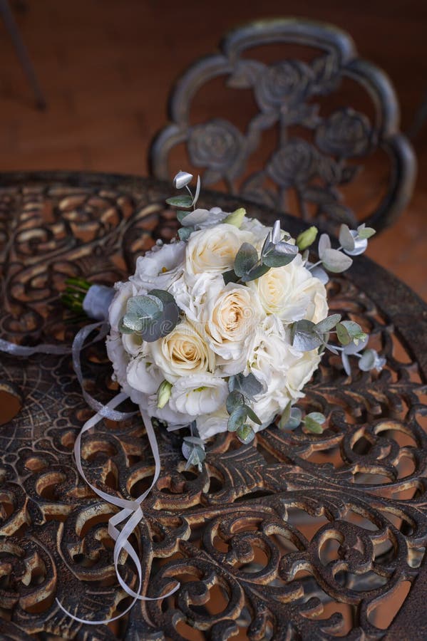 Delicate Fragile Wedding Bouquet with Cream Roses Stock Photo - Image ...