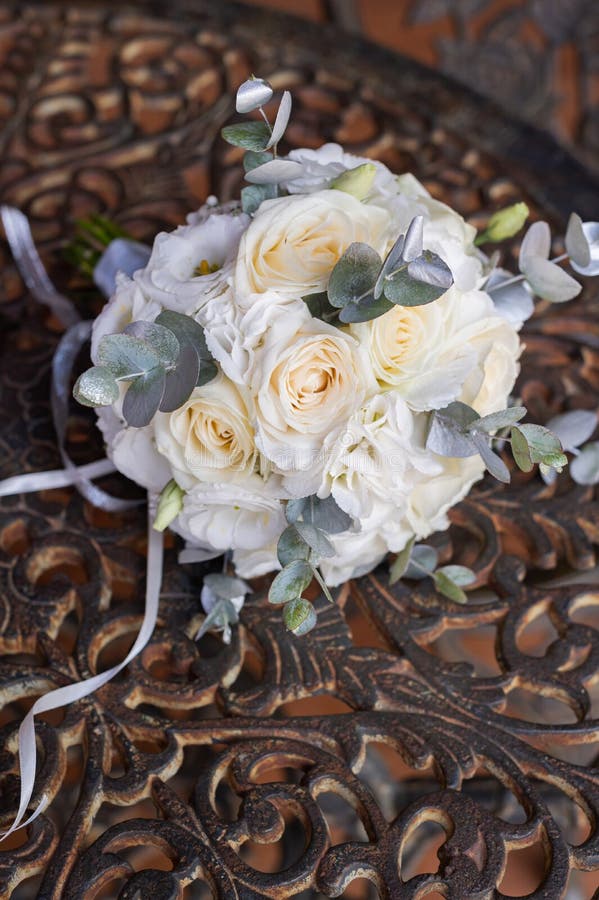 Delicate Fragile Wedding Bouquet with Cream Roses Stock Photo - Image ...
