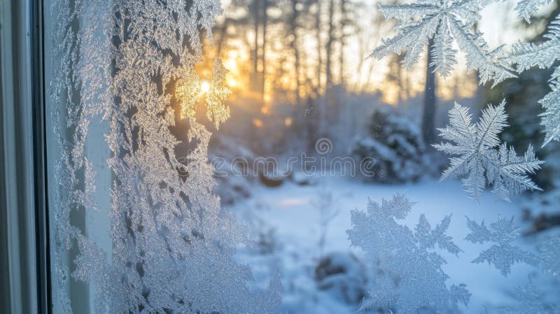 Delicate Frost Patterns on a Window Pane with a Blurred Winter ...