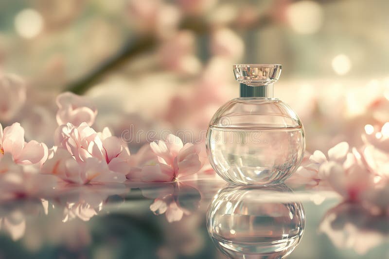 A Delicate Glass Perfume Bottle Resting beside Soft Pink Cherry ...