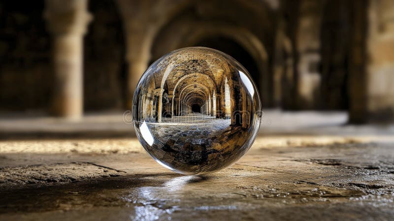 A Delicate Glass Sphere in an Endless Corridor of Ancient Architecture ...