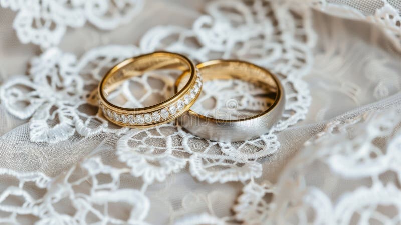 Delicate Gold Wedding Bands are Placed on Luxurious Lace, Symbolizing ...