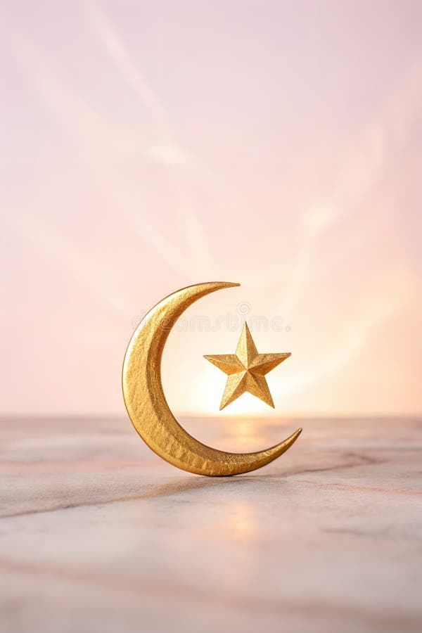 Delicate Golden Crescent Moon and Star Floating Above a Marble Surface ...