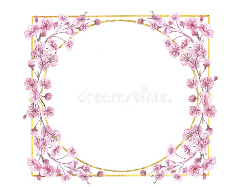 Delicate Golden Frame with Spring Blooming Sakura.Watercolor ...