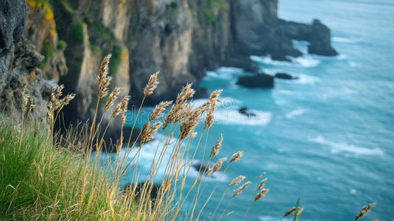 Delicate Grass in Stark Contrast with Ocean Cliffs and Waves Stock ...