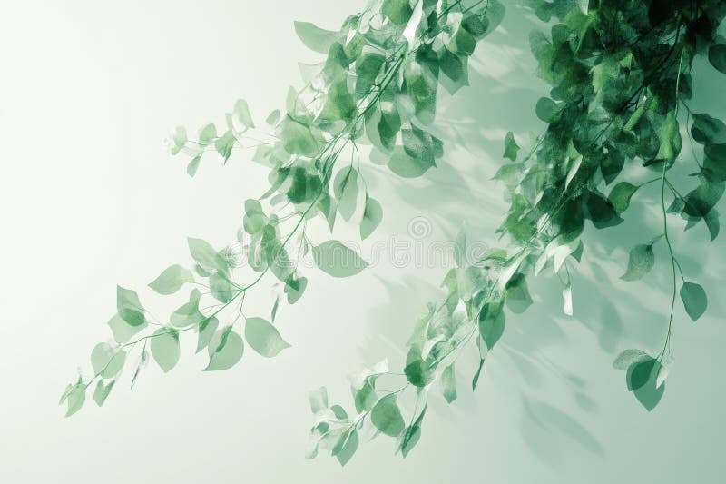 Delicate Green Leaves Cast Shadows on a Light Green Background Stock ...