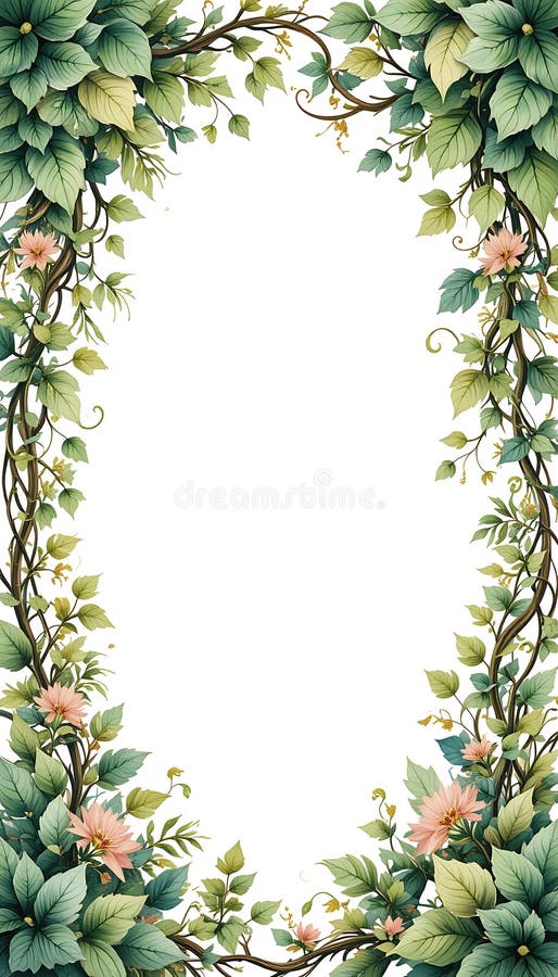 Botanical Oval Frame with Green Leaves and Light Pink Flowers Stock ...