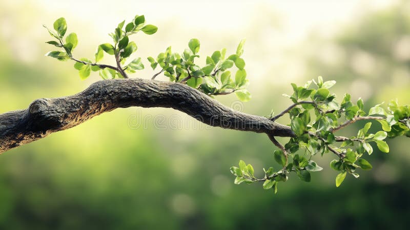 Delicate Green Leaves Sprouting from a Twisted Tree Branch in a Serene ...