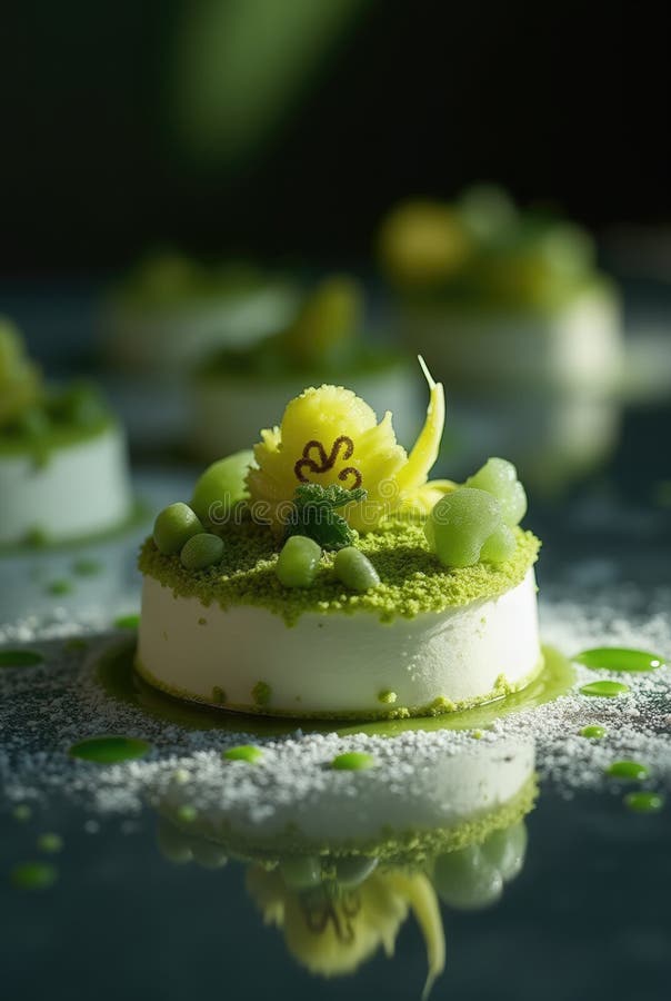 Delicate Green Pastries are Artistically Arranged on a Reflective ...