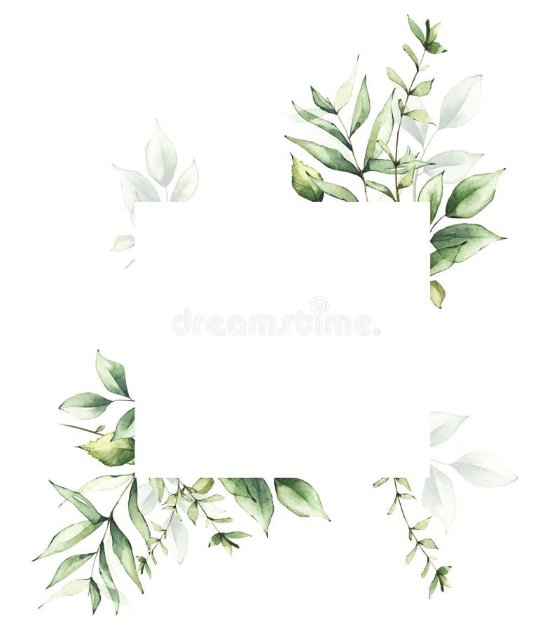 Delicate Greenery Square Frame Template Watercolor Painted. Branches ...
