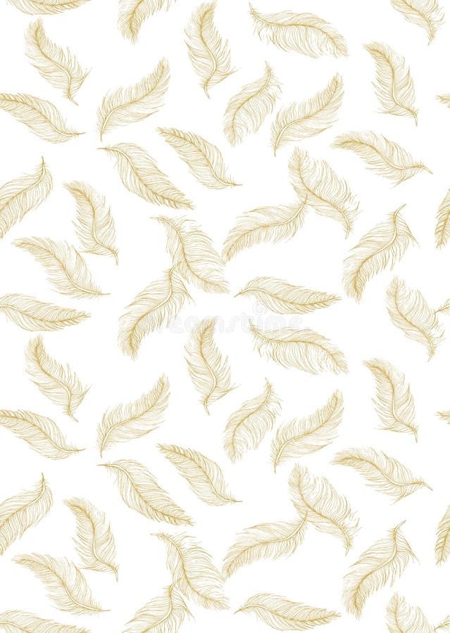 Delicate Hand Drawn Flying Feather Vector Pattern. Golden Feathers on a ... Delicate Hand Drawn Flying Feather Vector Pattern. Golden Feathers on a ...