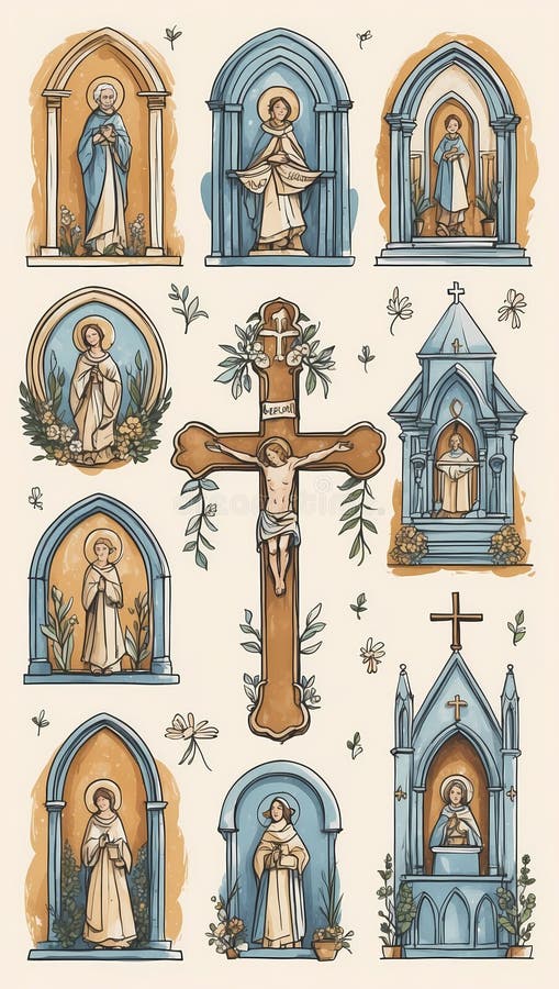 Delicate Hand-drawn Illustration Set Featuring Religious Figures ...