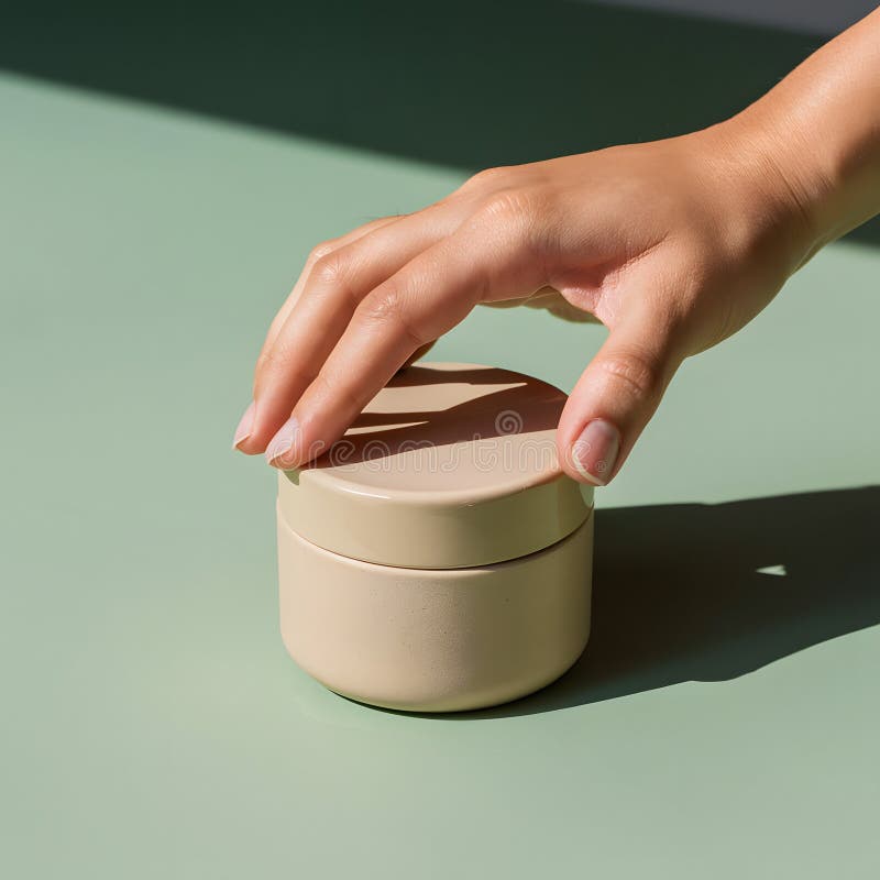 Delicate Hand Picking Up Beige Container with Soft Lighting and ...