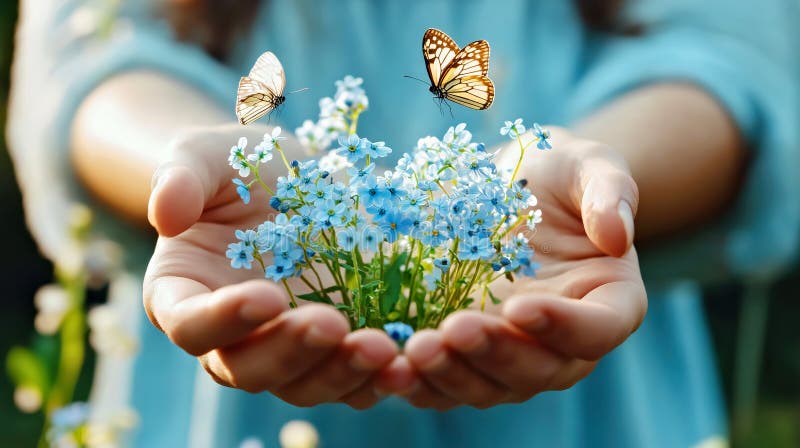 Delicate Hands Holding Blue Spring Flowers with Butterflies in a Serene ...