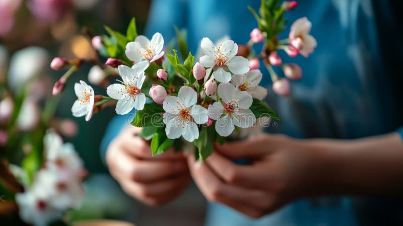 Delicate Hands Holding a Bouquet of Spring Blossoms Stock Illustration ...
