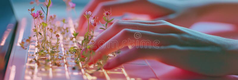 Delicate Hands Typing on Keyboard Intertwined with Beautiful Flowers ...