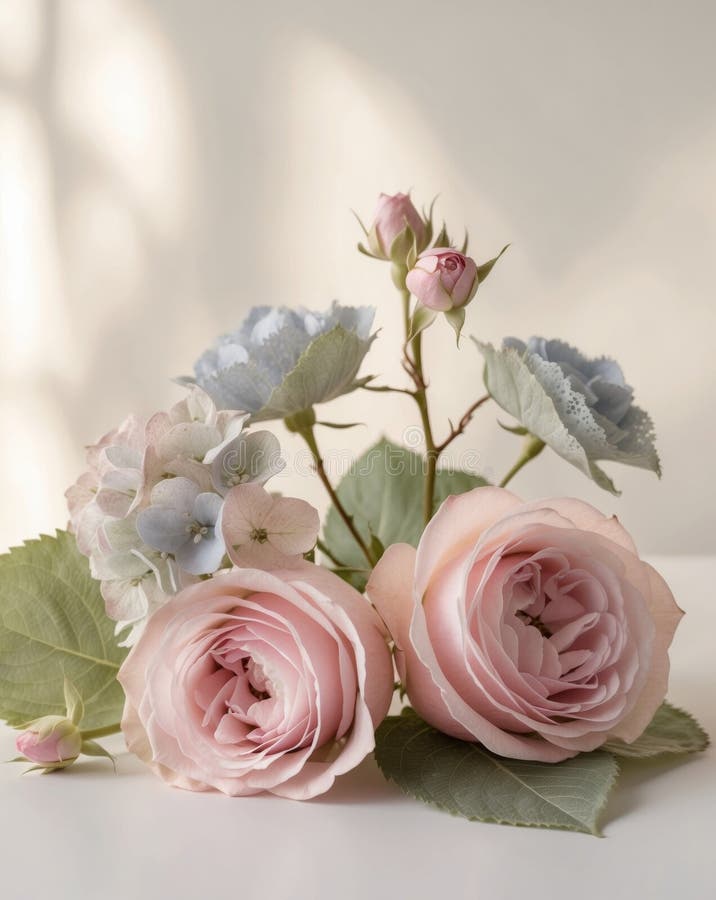 Delicate Harmony Blooming Soft Pink Roses and Delicate Hydrangea Buds ...