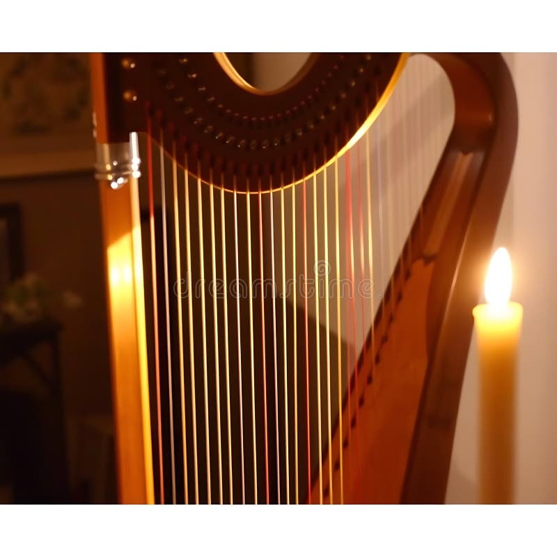 A Delicate Harp with Strings Glowing Softly Under Candlelight Stock ...