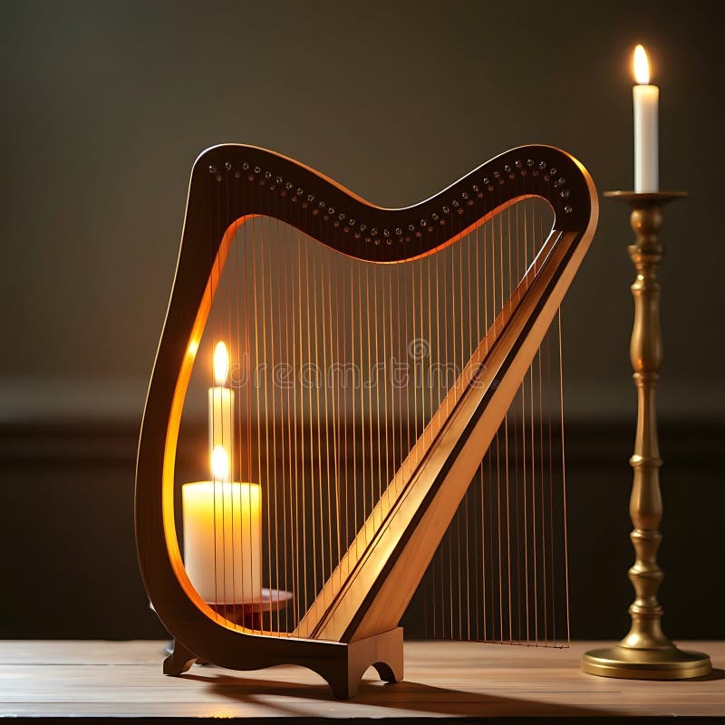 A Delicate Harp with Strings Glowing Softly Under Candlelight Stock ...