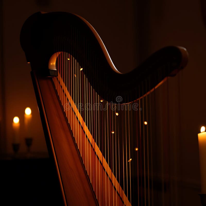 A Delicate Harp with Strings Glowing Softly Under Candlelight Stock ...