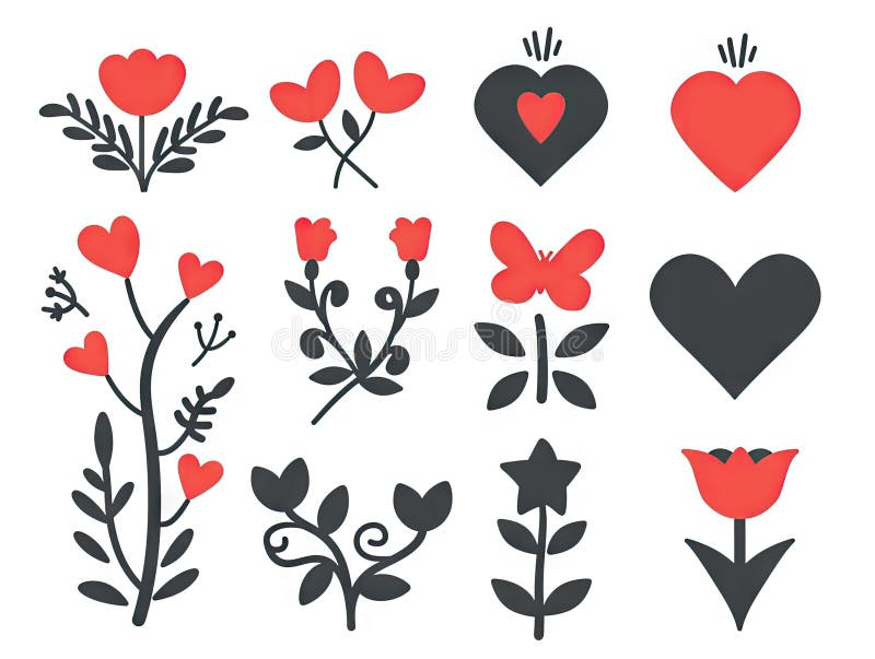Delicate Heart and Flower Icons for Romantic Designs Stock Illustration ...