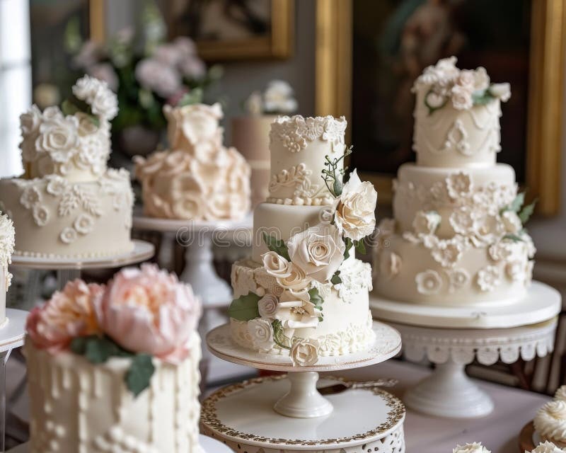 Delicate and Intricately Decorated Wedding Cakes on Display Stock ...