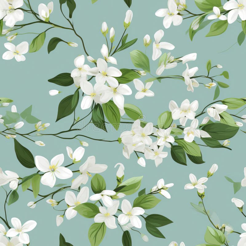 Delicate Jasmine Flower Vector Pattern on Muted Green Background Stock Illustration ...