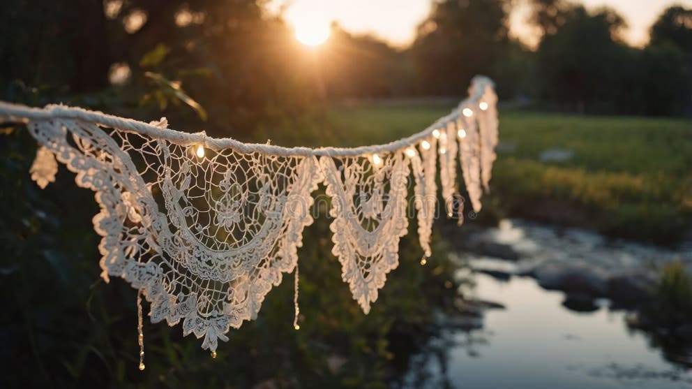 Romantic Lace Bunting Decorated with Fairy Lights at Sunset Stock ...