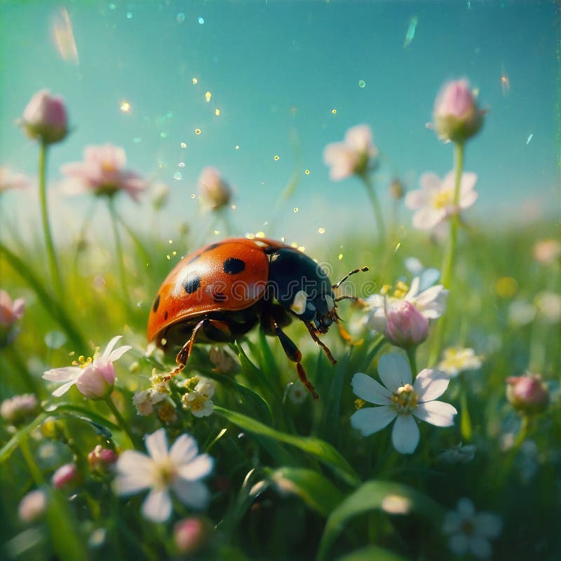Ladybug on Flowers and Grass. Beauty in Nature. Generative AI Stock ...